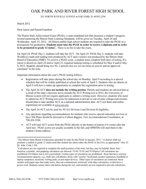 Prairie State Achievment Exam - Oak Park and River Forest High ...