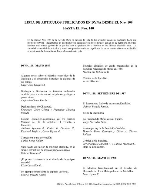 Lista de artÃ­culos publicados en Dyna desde la - Universidad ...
