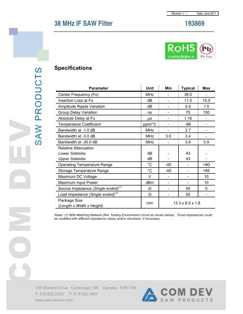 38 MHz IF SAW Filter 193869 - Com Dev