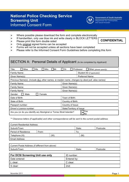 Informed Consent form National Criminal History Screening Check