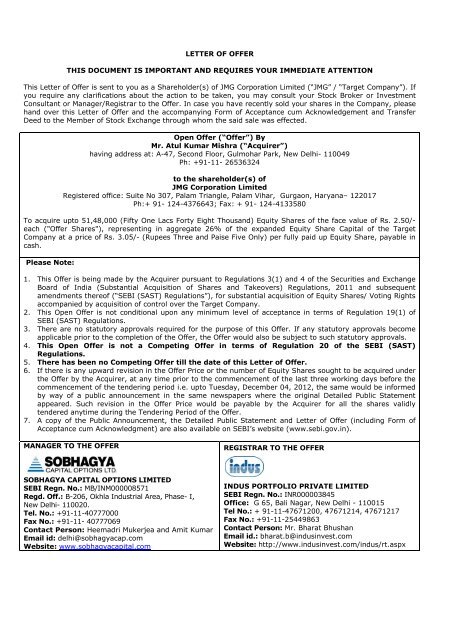 Letter of Offer - Securities and Exchange Board of India
