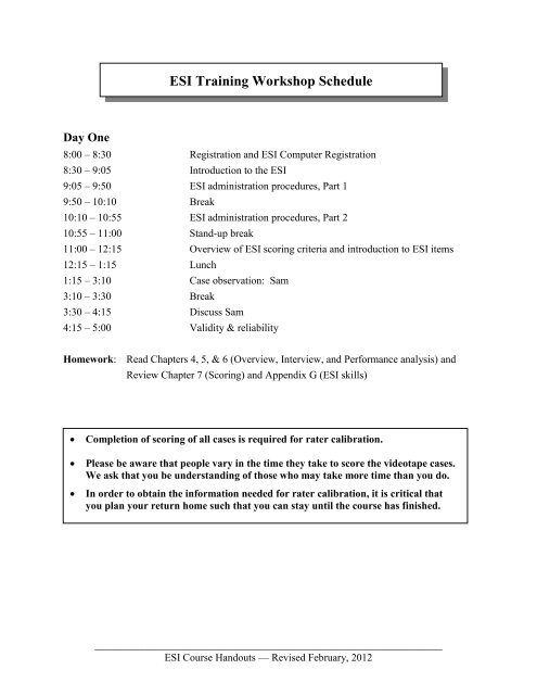 ESI Training Workshop Schedule