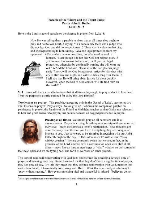 Parable of the Widow and the Unjust Judge Pastor John E. Dubler ...