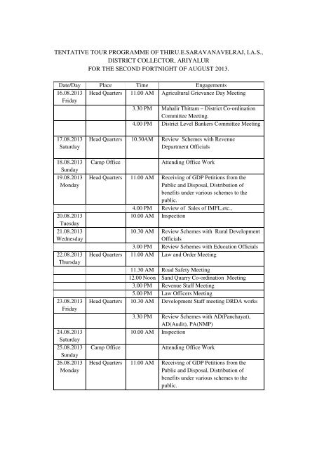 tentative tour programme of thiru.e.saravanavelraj, ias ... - Ariyalur