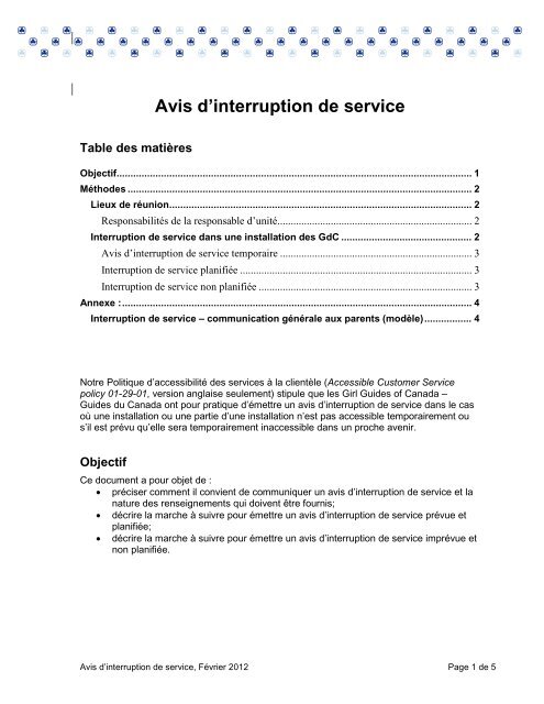 Avis d'interruption de service - Forms - Girl Guides of Canada.