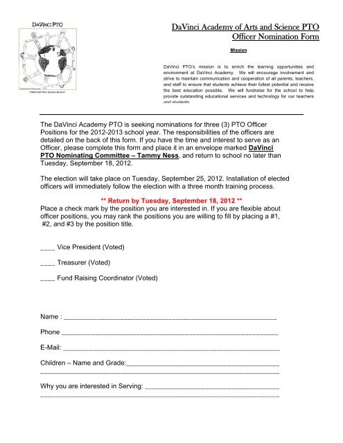 DaVinci Academy of Arts and Science PTO Officer Nomination Form