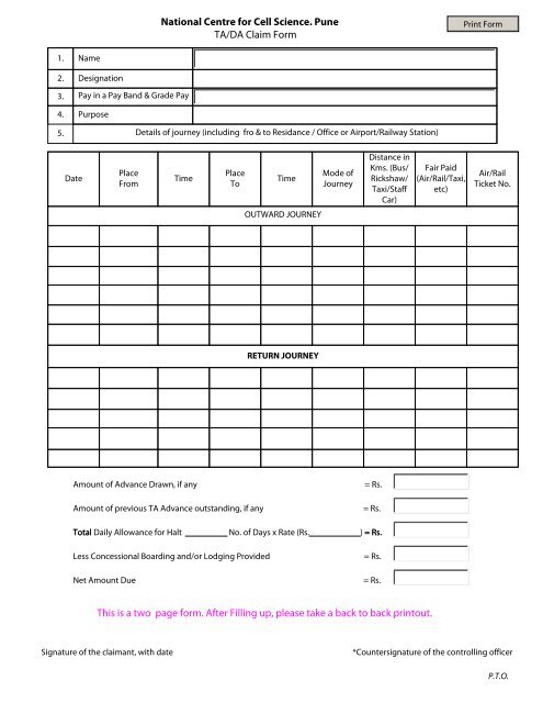 National Centre for Cell Science. Pune TA/DA Claim Form This is a ...