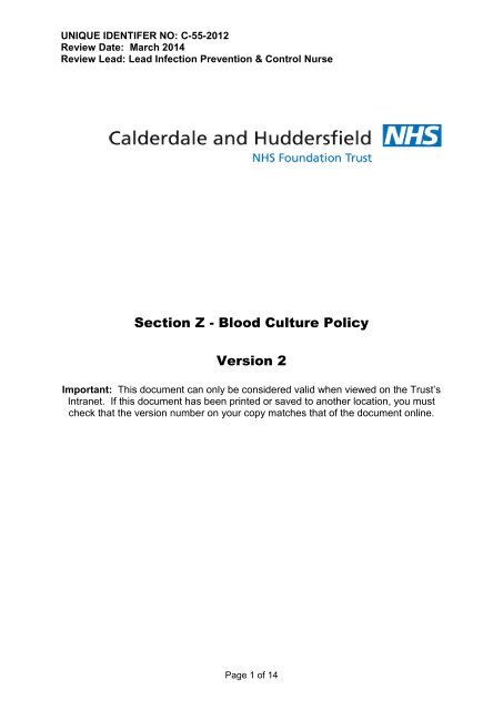 Blood Culture Policy - Calderdale and Huddersfield NHS ...