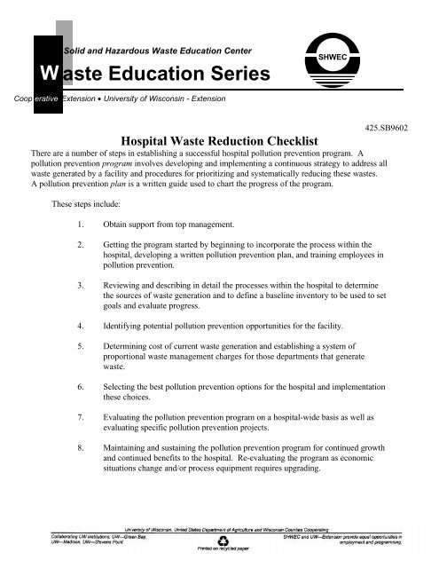 Hospital Waste Reduction Checklist - UW-Milwaukee