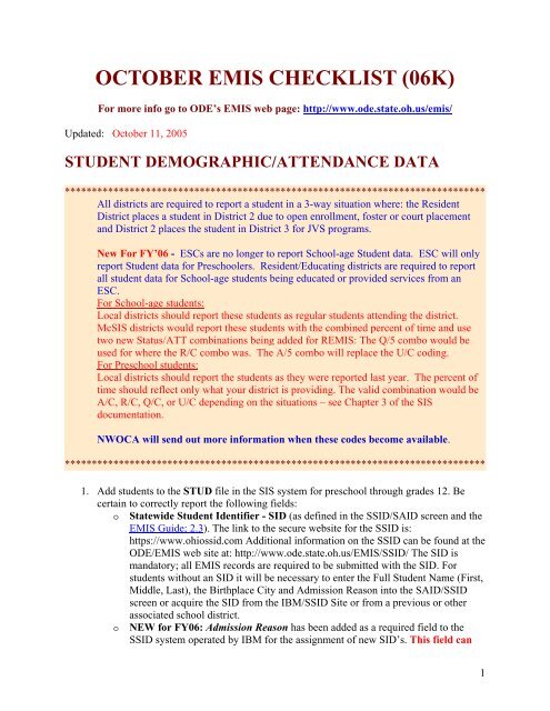 OCTOBER EMIS CHECKLIST (05K)