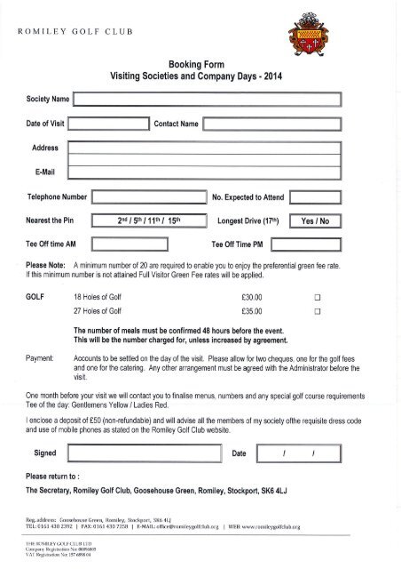Booking Form Visiting Societies and Company ... - Romiley Golf Club