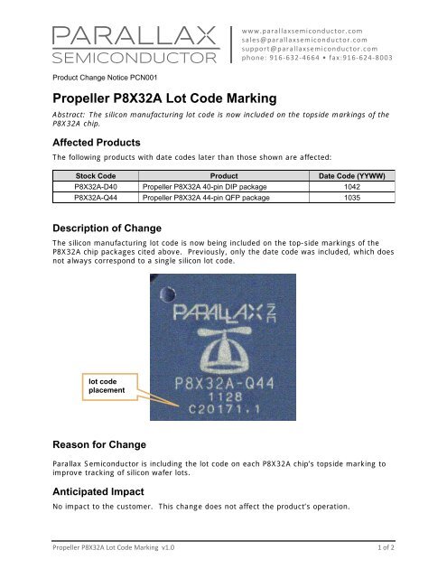 Product Change Notice PN001 (pp. 2) - Parallax Semiconductor