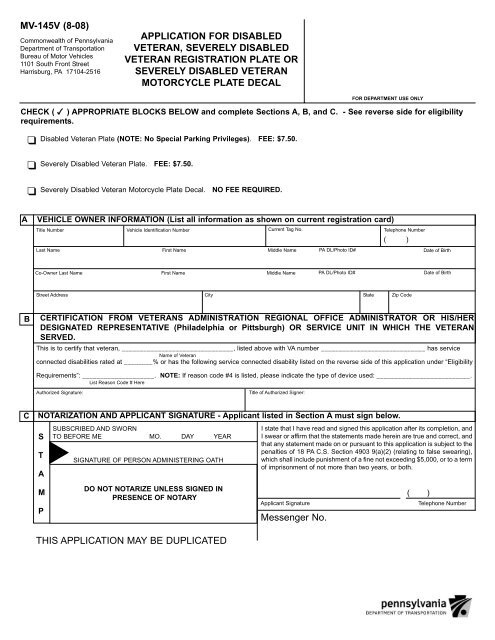 PennDOT Form MV-145V - PennDOT Driver and Vehicle Services PennDOT Form MV-145V - PennDOT Driver and Vehicle Services