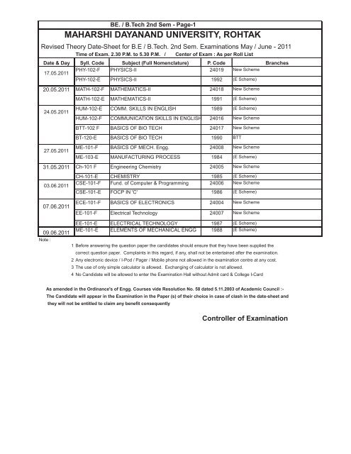 Revised Datesheet of B.tech - MDU, Rohtak Revised Datesheet of B.tech - MDU, Rohtak