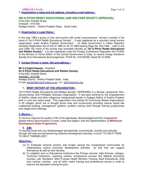 SPREAWS Profile Page 1 of 13 SRI K.PITCHI REDDY ... - Global Hand