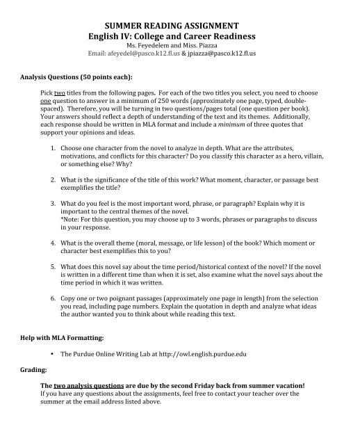 SUMMER READING ASSIGNMENT English IV: College and Career ...