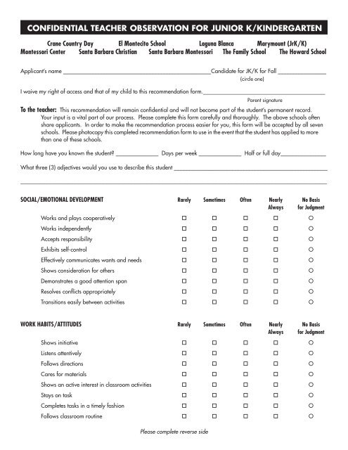 Teacher Observation Form - Marymount of Santa Barbara