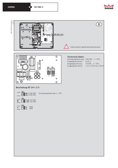 DORMA RZ-TMS 2 Beschaltung NT 24-1.5 S Technische Daten: