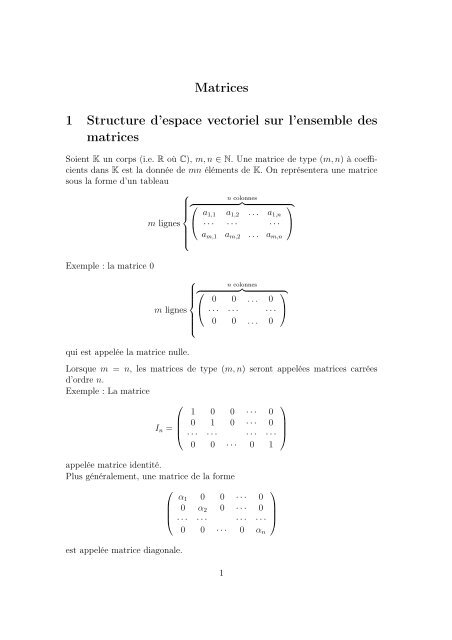 Matrices 1 Structure d'espace vectoriel sur l'ensemble des matrices