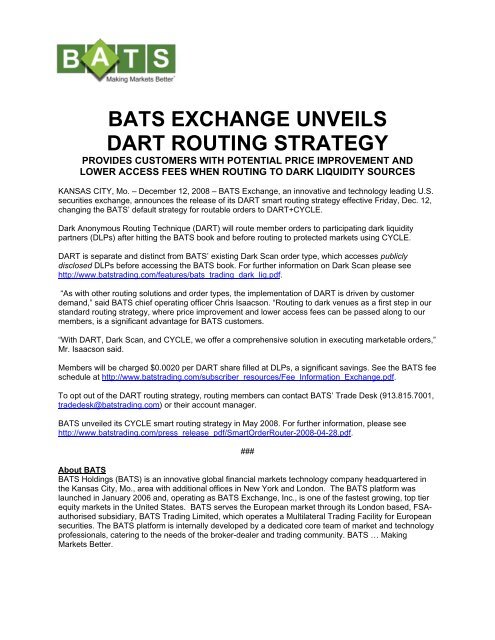 BATS EXCHANGE UNVEILS DART ROUTING STRATEGY