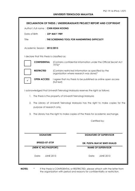 declaration of thesis / undergraduate project report and ... - FKE