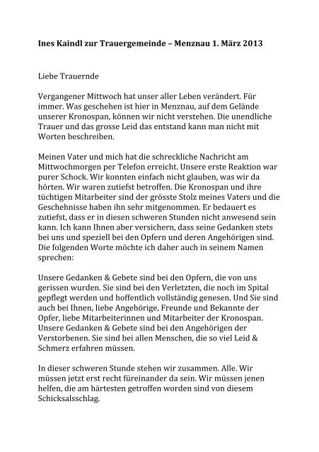 Ines Kaindl zur Trauergemeinde â Menznau 1. MÃ¤rz ... - Der Sonntag