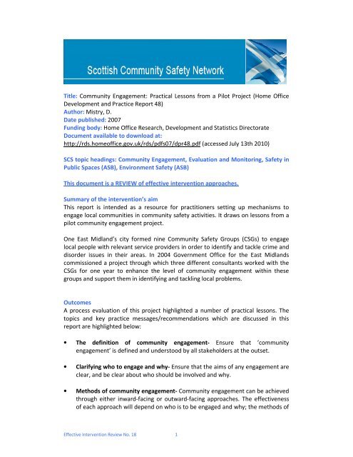 Title: Community Engagement: Practical Lessons from a Pilot Project ...