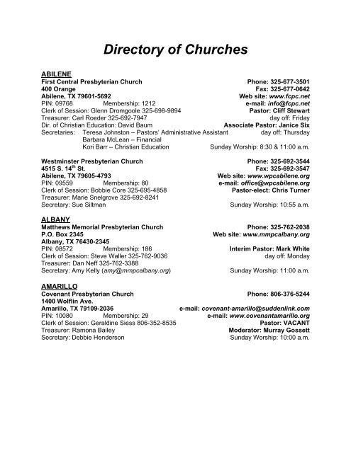 Directory of Churches - Palo Duro Presbytery