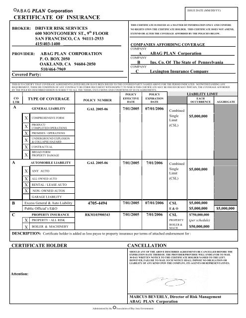 CERTIFICATE OF INSURANCE - ABAG PLAN Risk Management ...