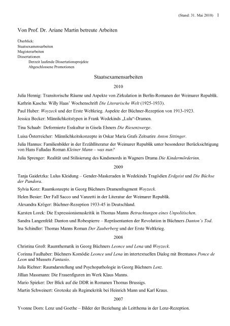Von Prof. Dr. Ariane Martin betreute Arbeiten Staatsexamensarbeiten