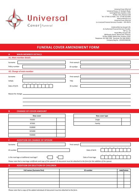 FUNERAL COVER AMENDMENT FORM