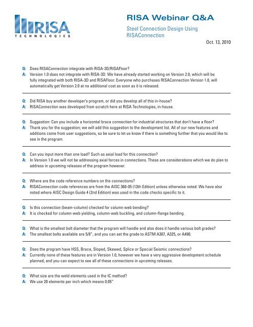 Webinar Q & A - RISA Technologies