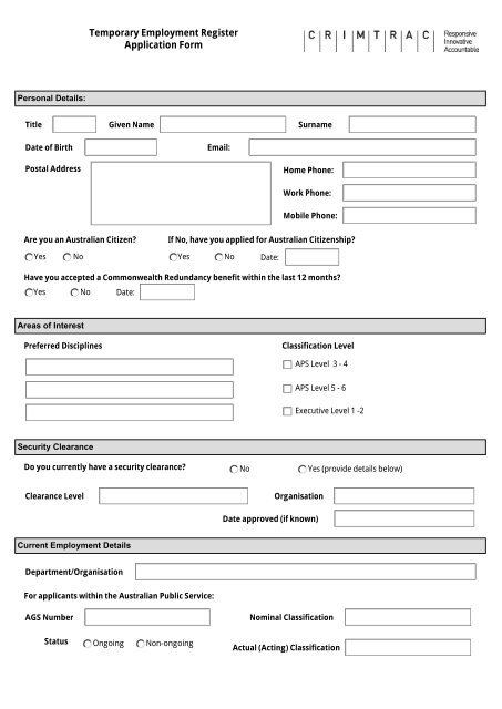 Temporary Employment Register Application Form - CrimTrac