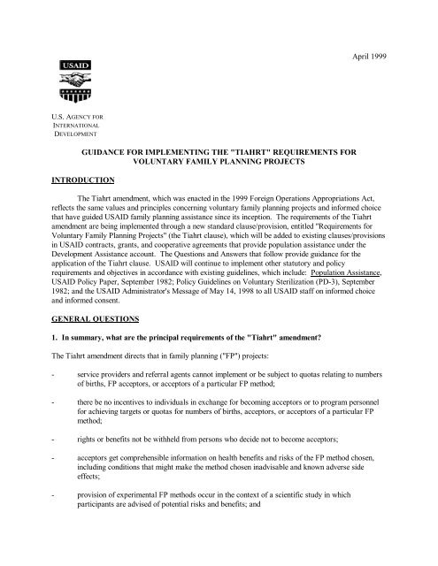 Guidance for Implementing the 'Tiahrt' - US Agency for International ...