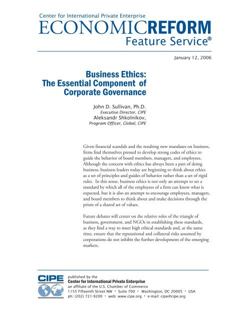 Business Ethics: The Essential Component of Corporate Governance