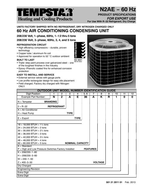 AC-N2AE**AKR/AHR, 60Hz Specifications