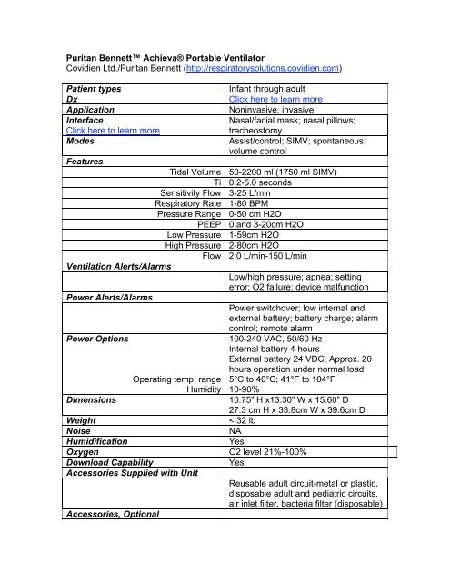 Puritan BennettÃ¢Â„Â¢ AchievaÃ‚Â® Portable Ventilator Covidien Ltd ...