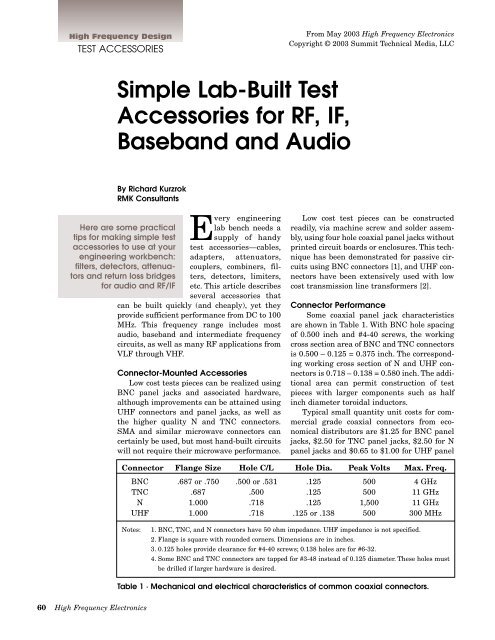 Simple Lab-Built Test Accessories for RF, IF, Baseband and Audio