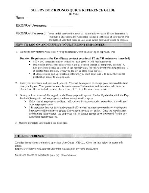 SUPERVISOR KRONOS QUICK REFERENCE GUIDE Name ...