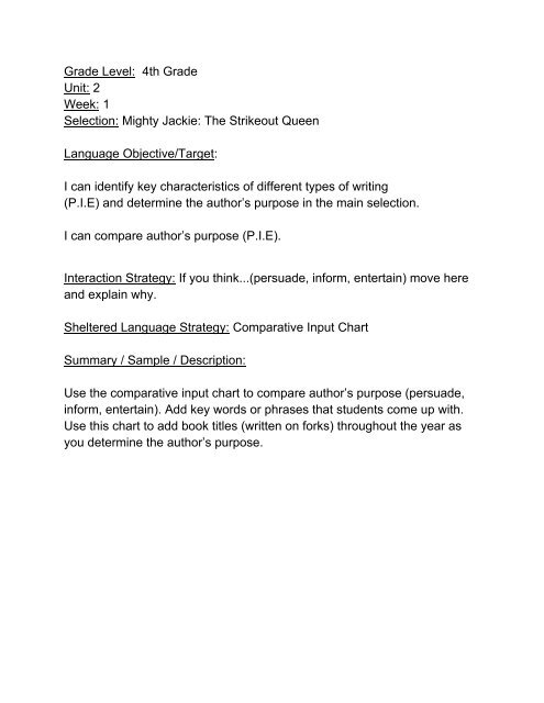 Grade Level: 4th Grade Unit: 2 Week: 1 Selection: Mighty Jackie ...