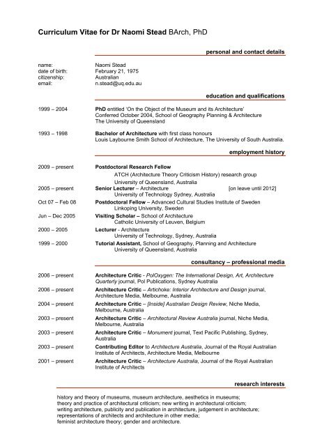 Curriculum Vitae for Dr Naomi Stead BArch, PhD