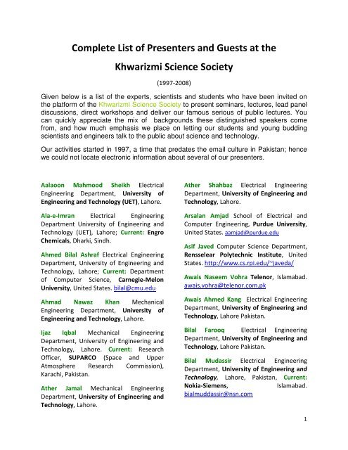 Complete List of Presenters and Guests at the Khwarizmi Science ...