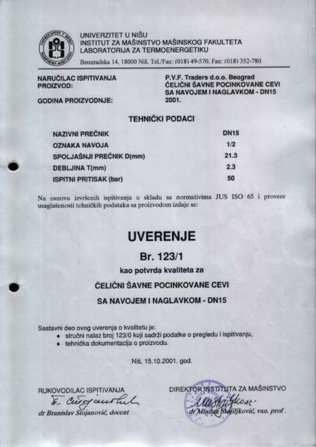 Atest pocinkovane cevi - PVF Traders