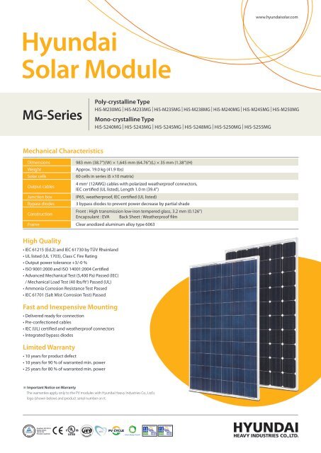 Hyundai Solar Module MG-Series Mono-crystalline Type