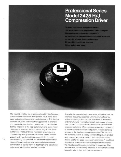 The model 2425 H/J IS a professional quality ... - JBL Professional