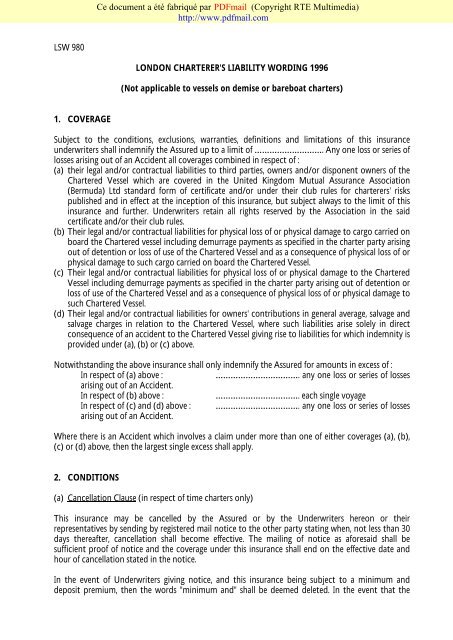 LONDON CHARTERER'S LIABILITY WORDING ... - Fortunes de mer