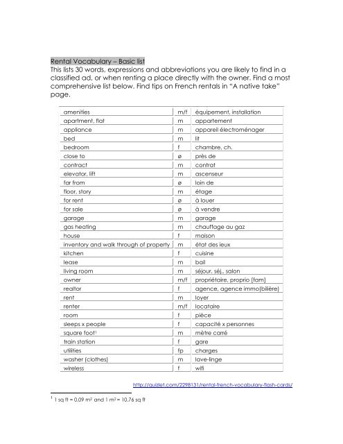 rental vocabulary location vocabulaire - French Etc