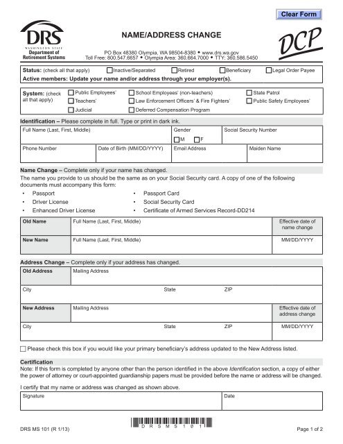 DRS name/address change form - Department of Retirement Systems