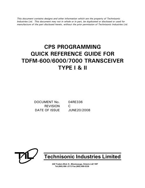 CPS Programming Quick Reference Guide - Technisonic Industries