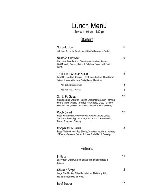Lunch Menu - Executive Hotels and Resorts